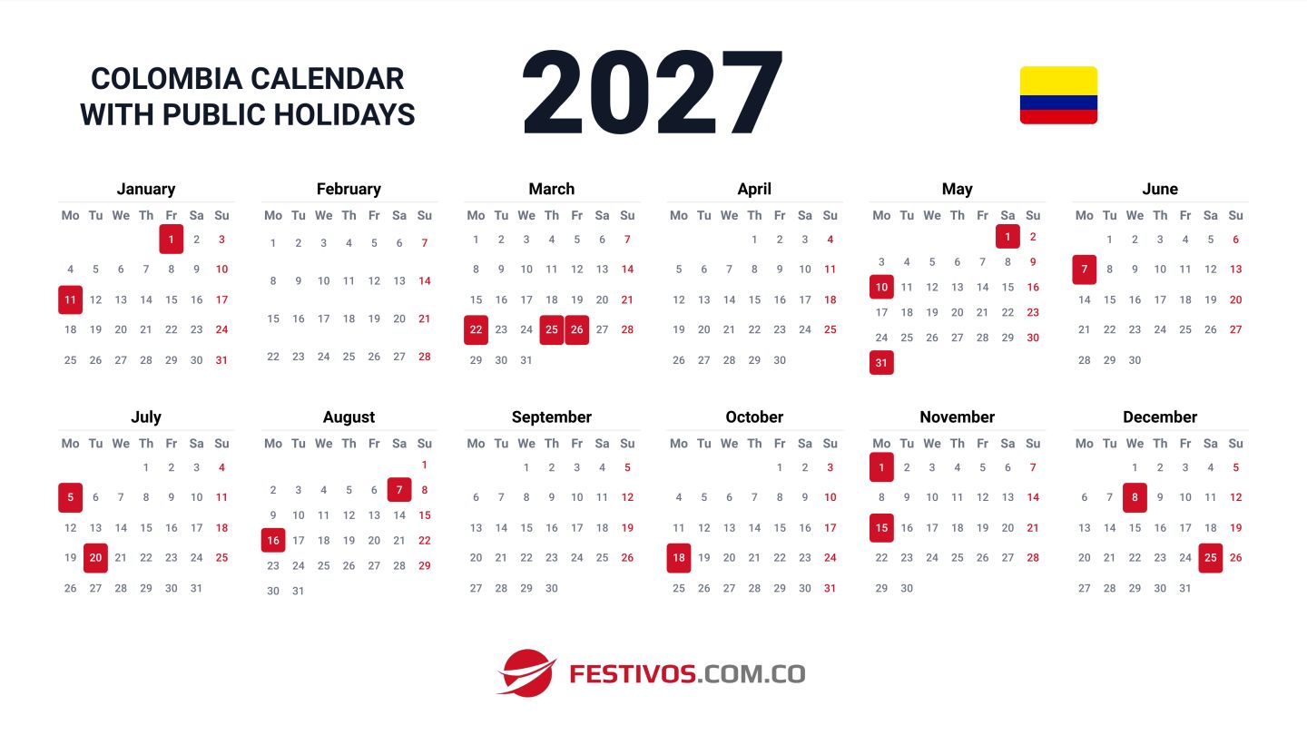 Colombia Calendar 2027 with Public Holidays